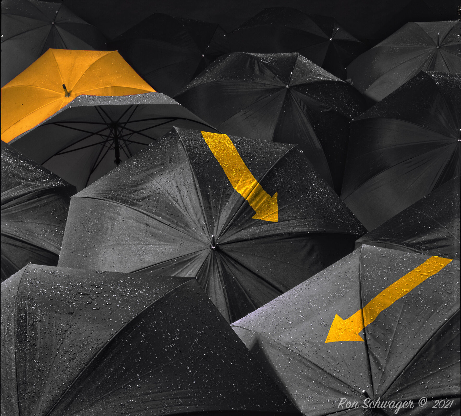 “Arrows and Umbrellas (Study in Yellow and Grey)” by Ron Schwager | FRAMES